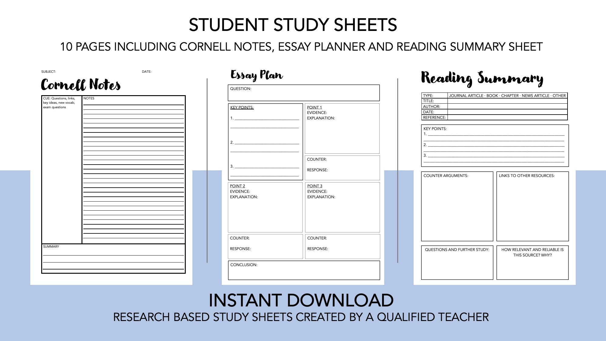 Student Study Sheets Printable Download / Back to School | Etsy