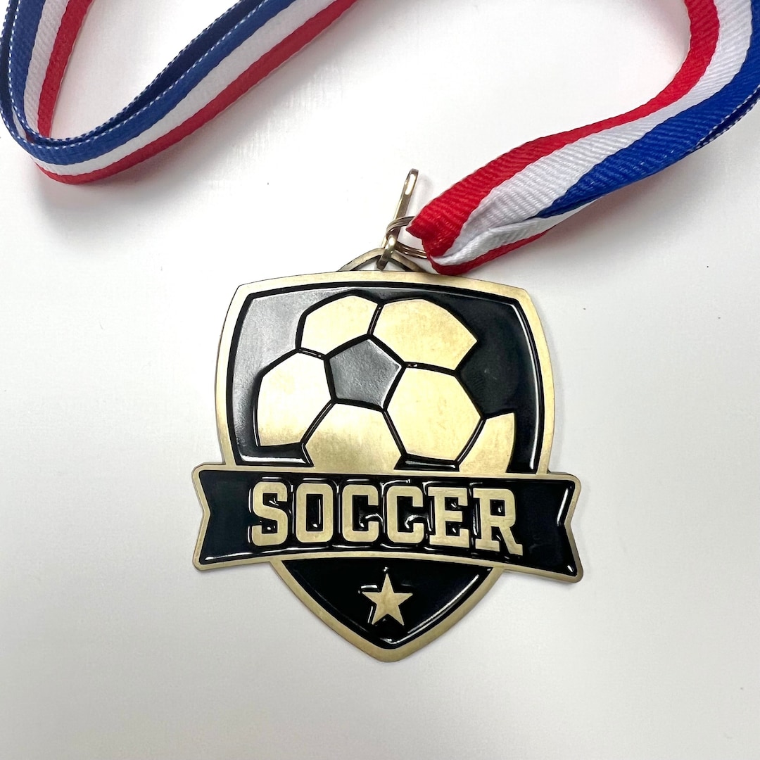 Soccer Medallion With Ribbon and Free Engraving; Black and Gold Shield ...