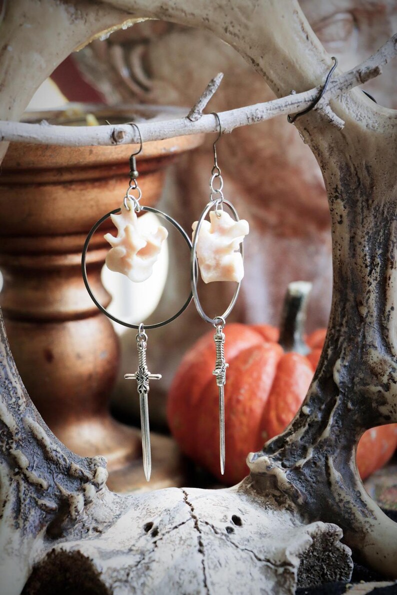 Real Deer Vertebrae Bone Silver Sword Gothic Fantasy Earrings - Etsy