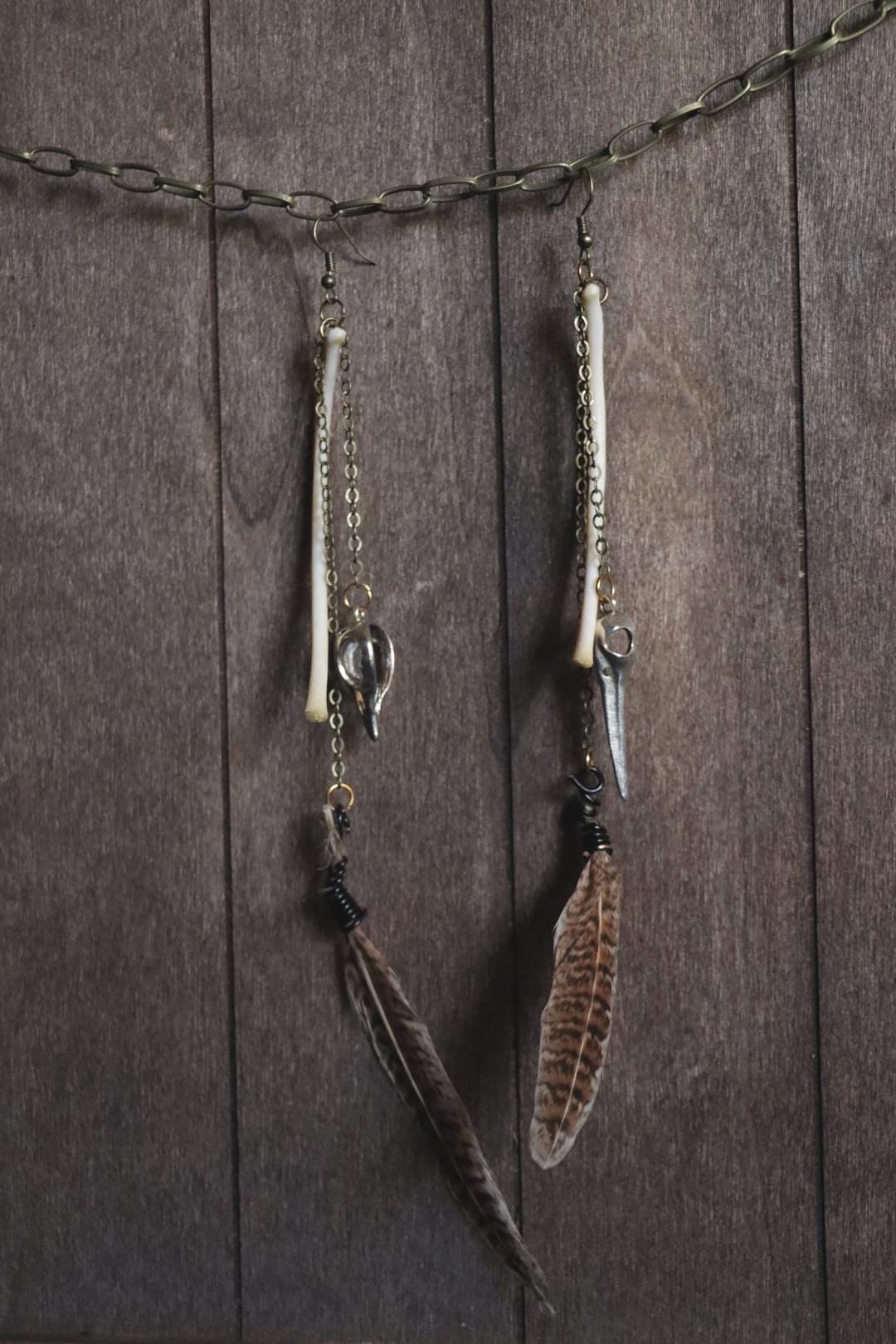 Coyote Rib Bone and Feather Dangling Earrings - Etsy