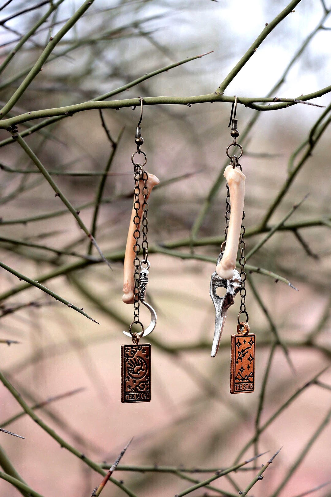 Bobcat Bone Earrings: Tarot Card, Raven Skull, and Sickle Charms - Etsy