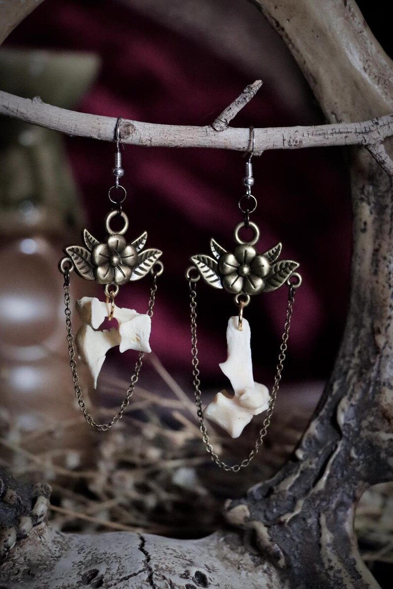 Coyote Vertebrae and Bronze Rose Dangling Earrings, Ethically Sourced ...