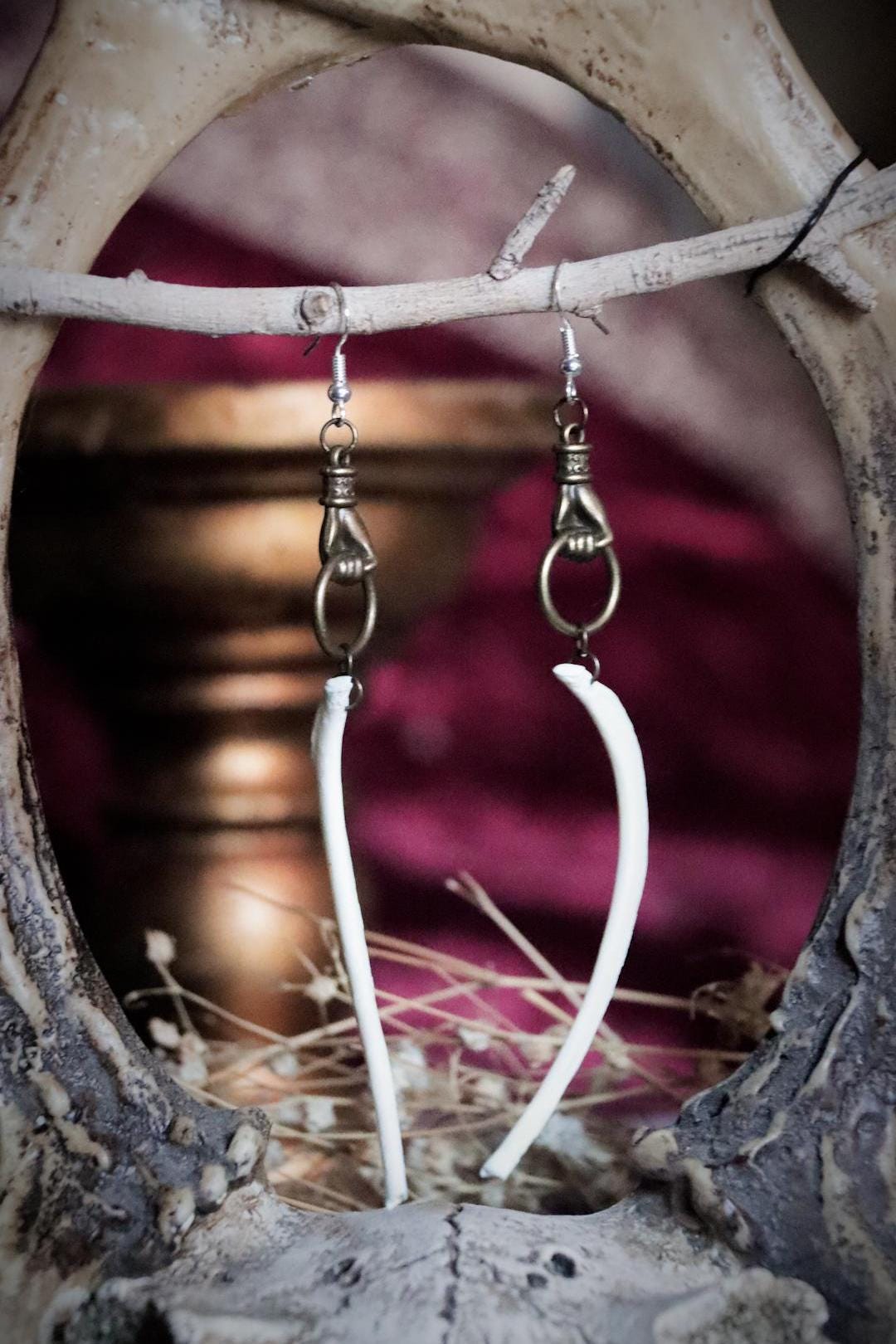 Real Coyote Rib Bone Dangling Earrings With Bronze Hand Charm Ethically ...