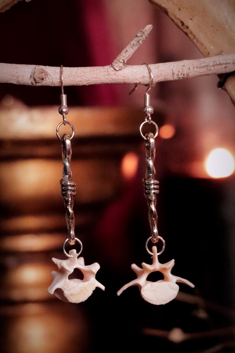 Barbed Wire and Bone Goth Vertebrae Silver Earrings Real Bone Jewelry ...