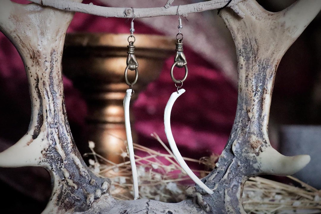 Real Coyote Rib Bone Dangling Earrings With Bronze Hand Charm Ethically ...