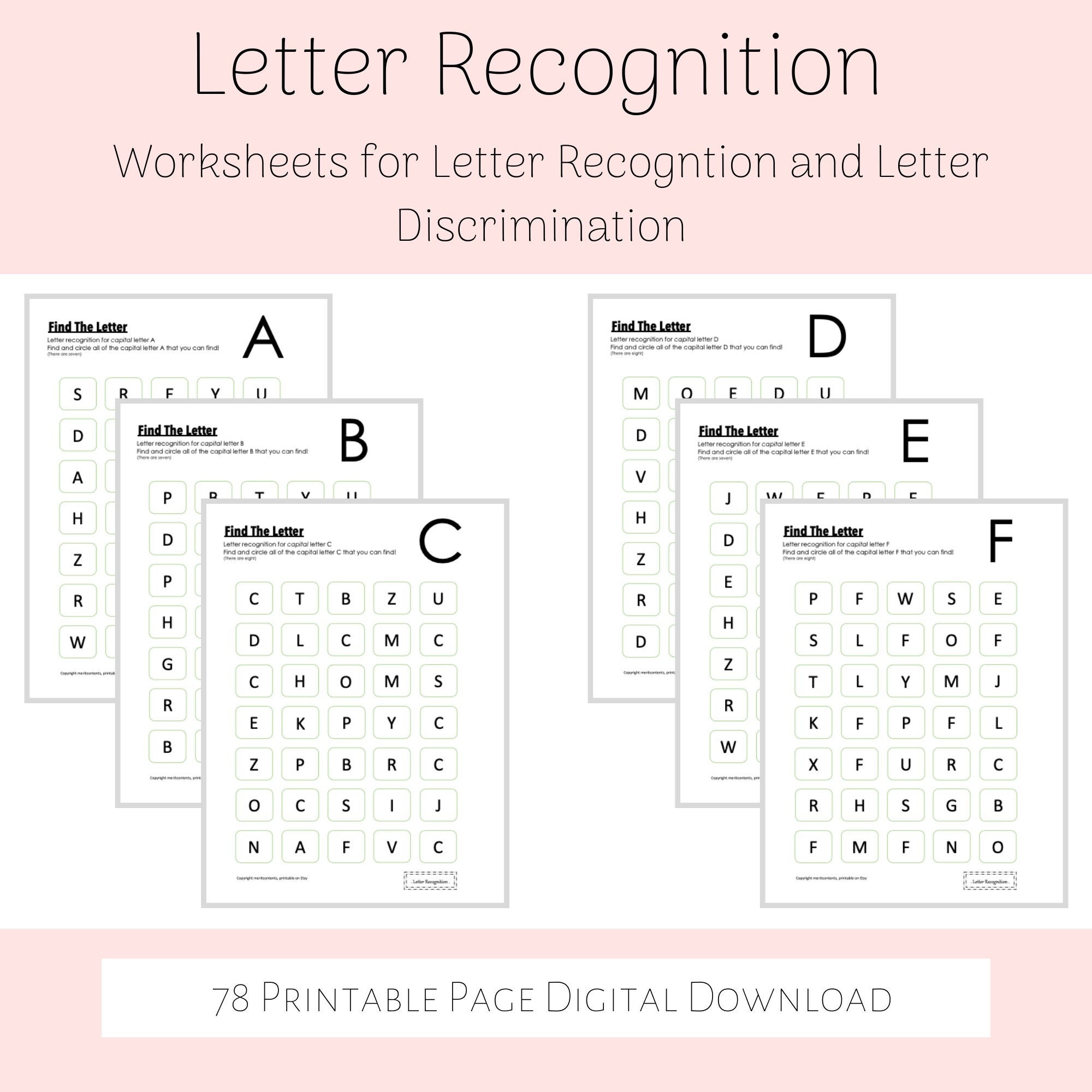 Letter Recognition Worksheets, Alphabet Learning Worksheets, Preschool ...