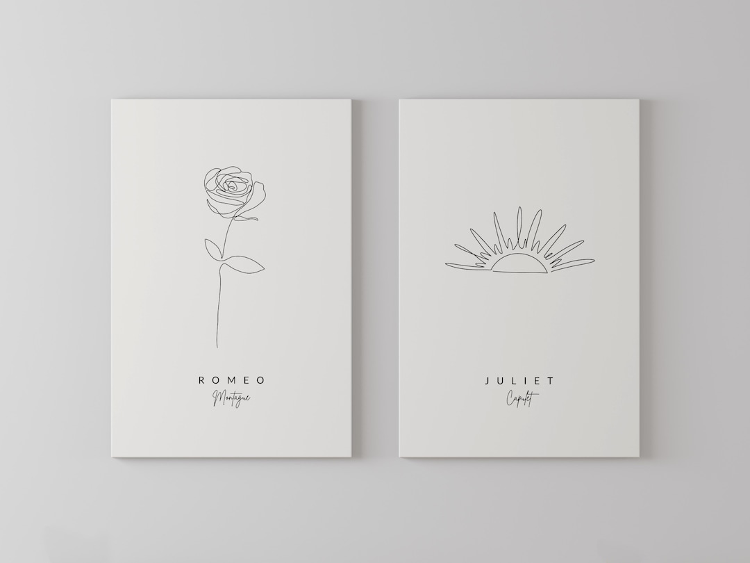 Romeo and Juliet Line Art Set of Two Prints | Shakespeare Rose and Sun ...