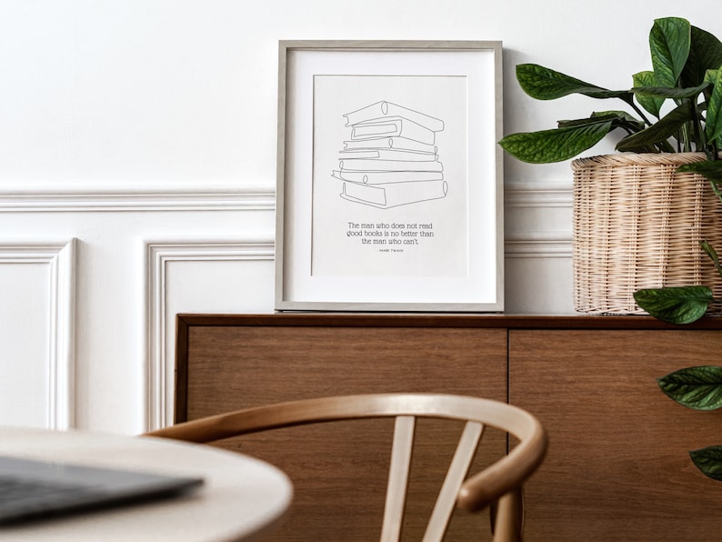 Mark Twain Quote Print | Single Line Drawing Art | Stack of Books ...