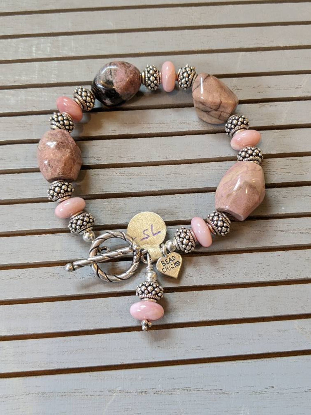 Bead Chicks Chunky Pink Gray Rhodonite Pink Opal and Silver Beaded Bracelet - Etsy