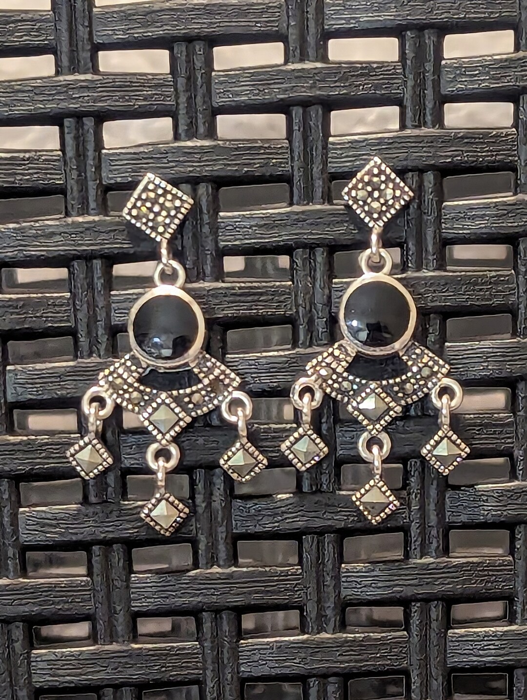 Vintage Art Deco Style Onyx Marcasite Sterling Silver Chandelier ...