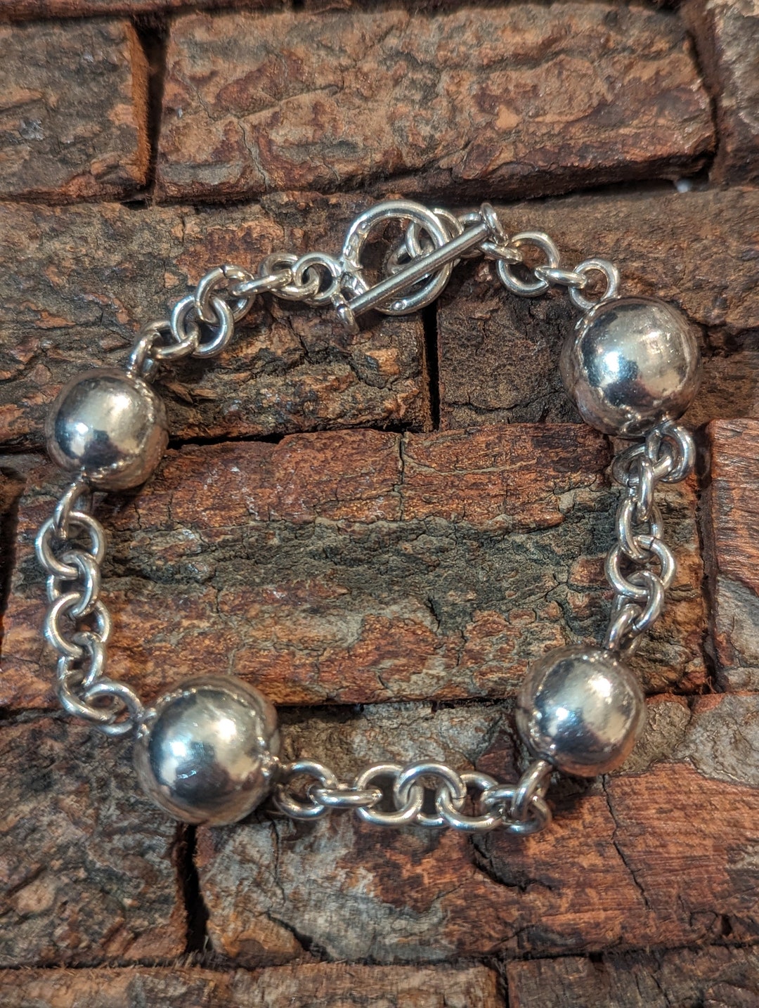 Vintage 925 Mexico 8" Sterling Silver Ball Bracelet With Toggle Closure ...