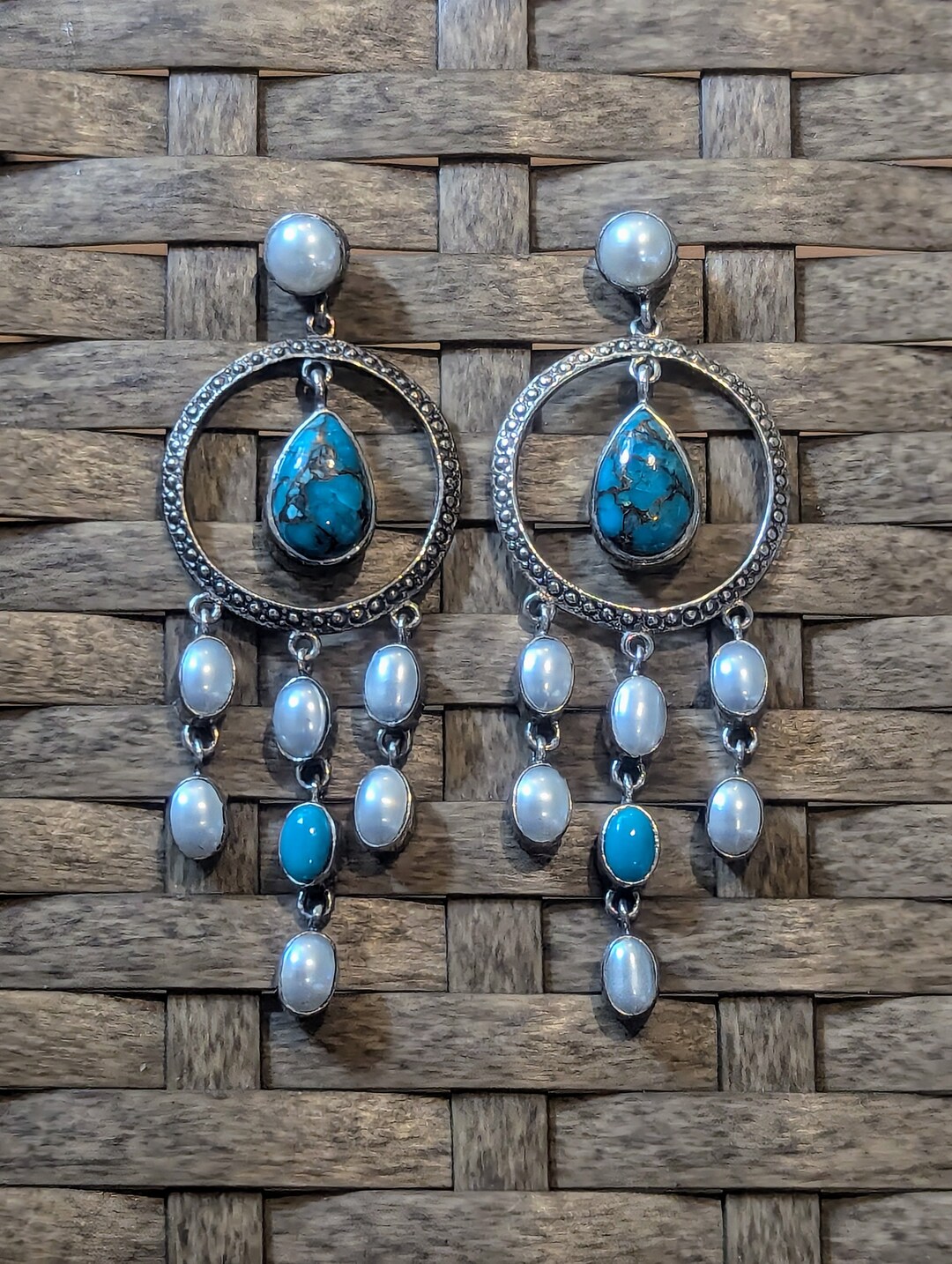 Nicky Butler Sterling Silver Pearl and Turquoise Chandelier Earrings - Etsy