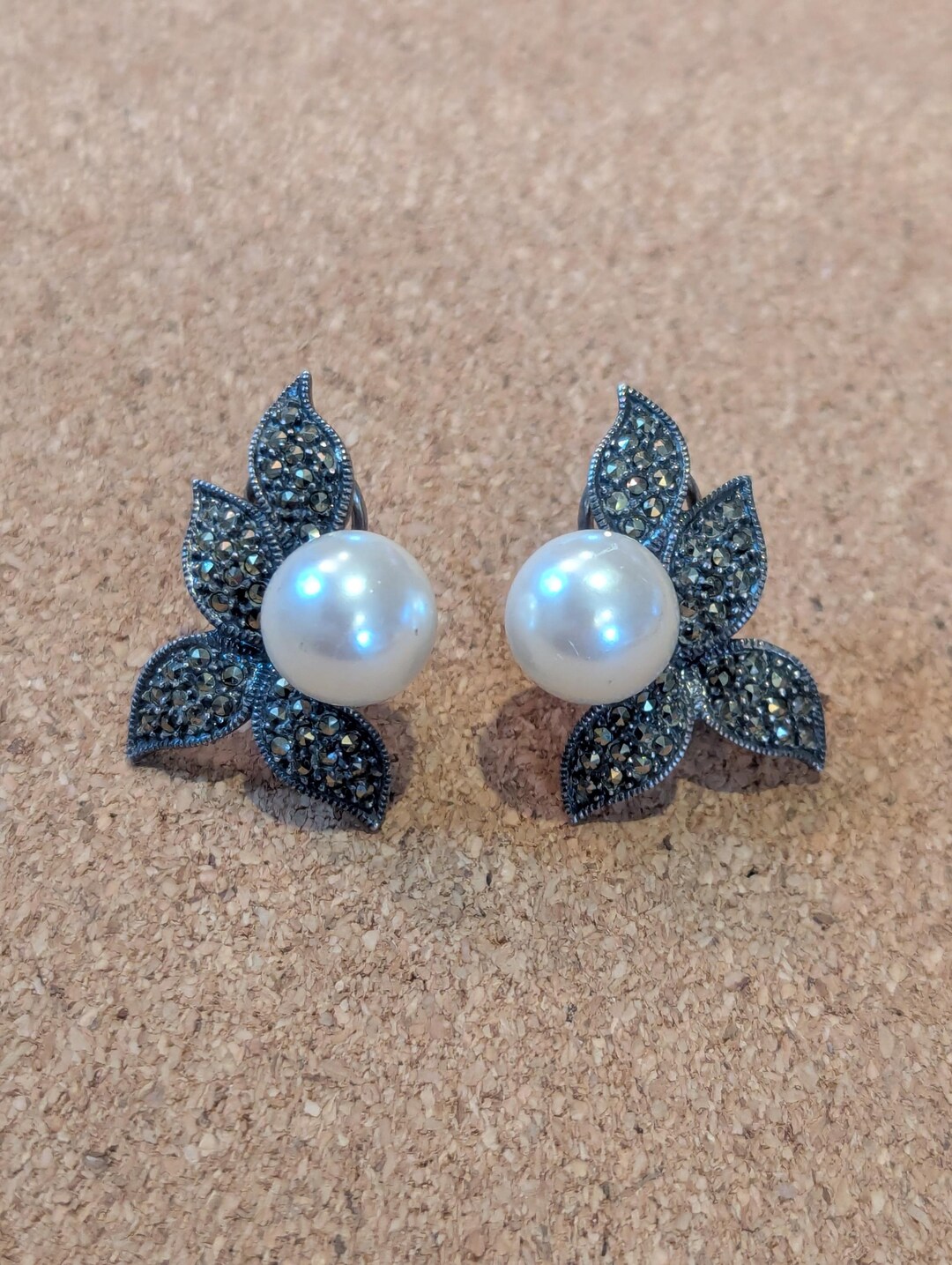 Vintage Judith Jack Sterling Silver Marcasite and Faux Pearl Earrings ...