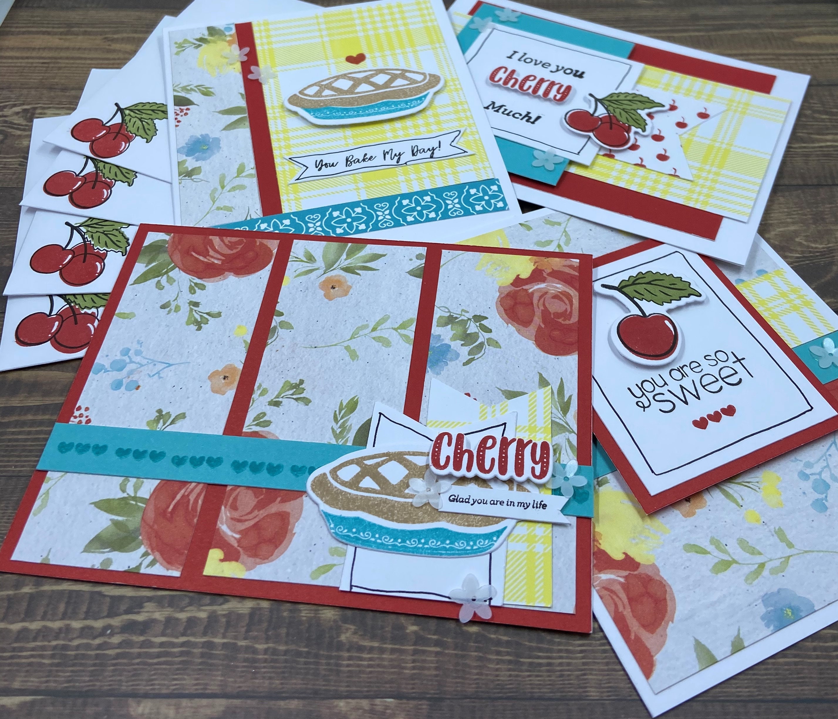 Sweet Retro-style Cherry cards set of 4 handmade greeting - Etsy.de