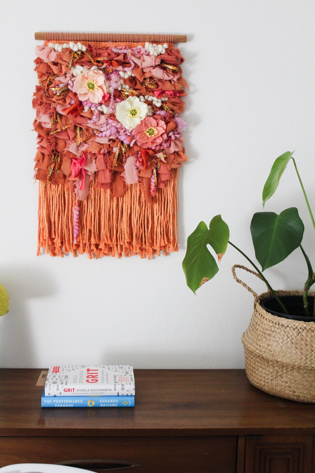 Large Boho Woven Wall Hanging / Ribbon & Flower Modern Tapestry ...