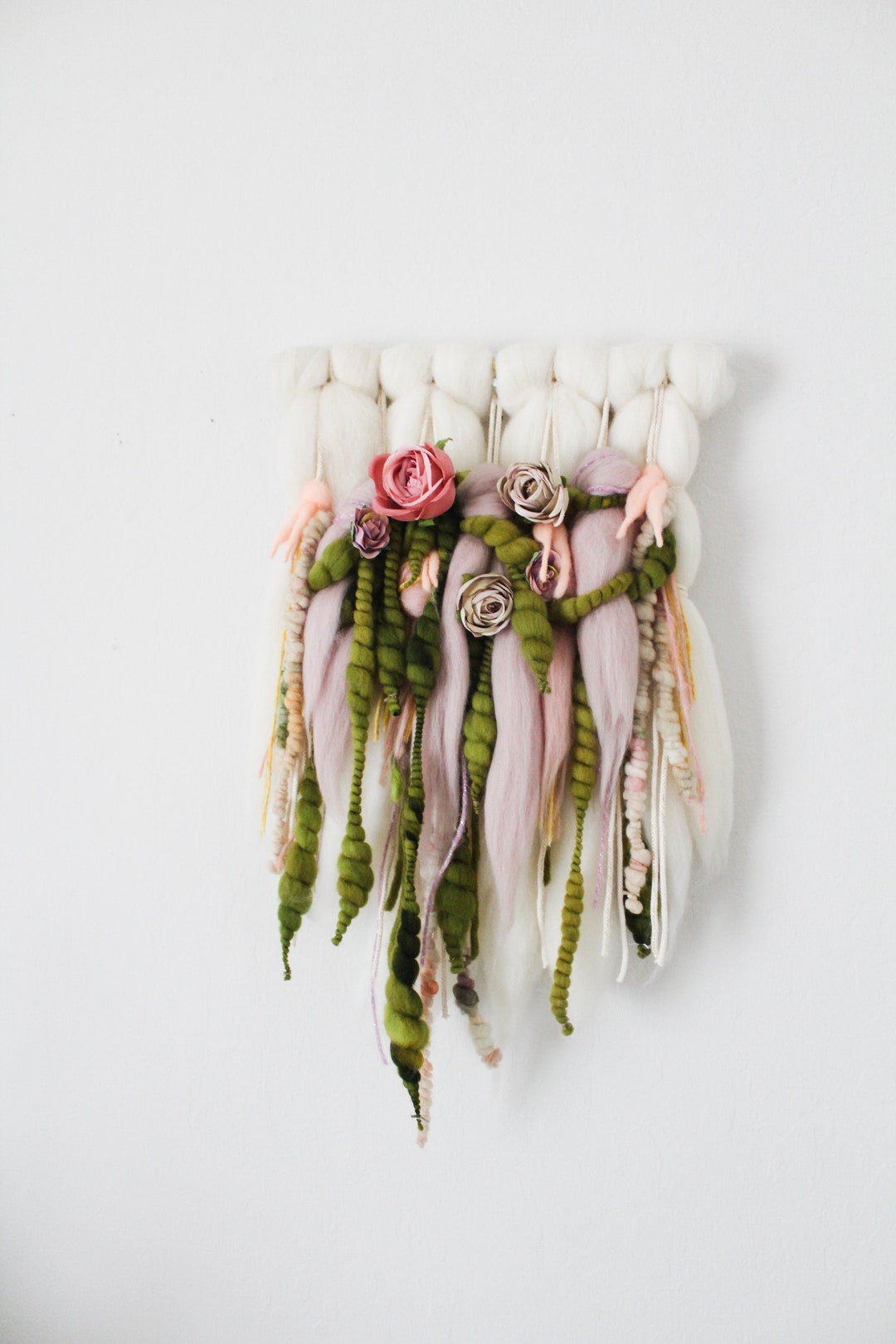 Boho Woven Wall Hanging | Wool Roving FLORAL Fiber Art - Minimalist ...