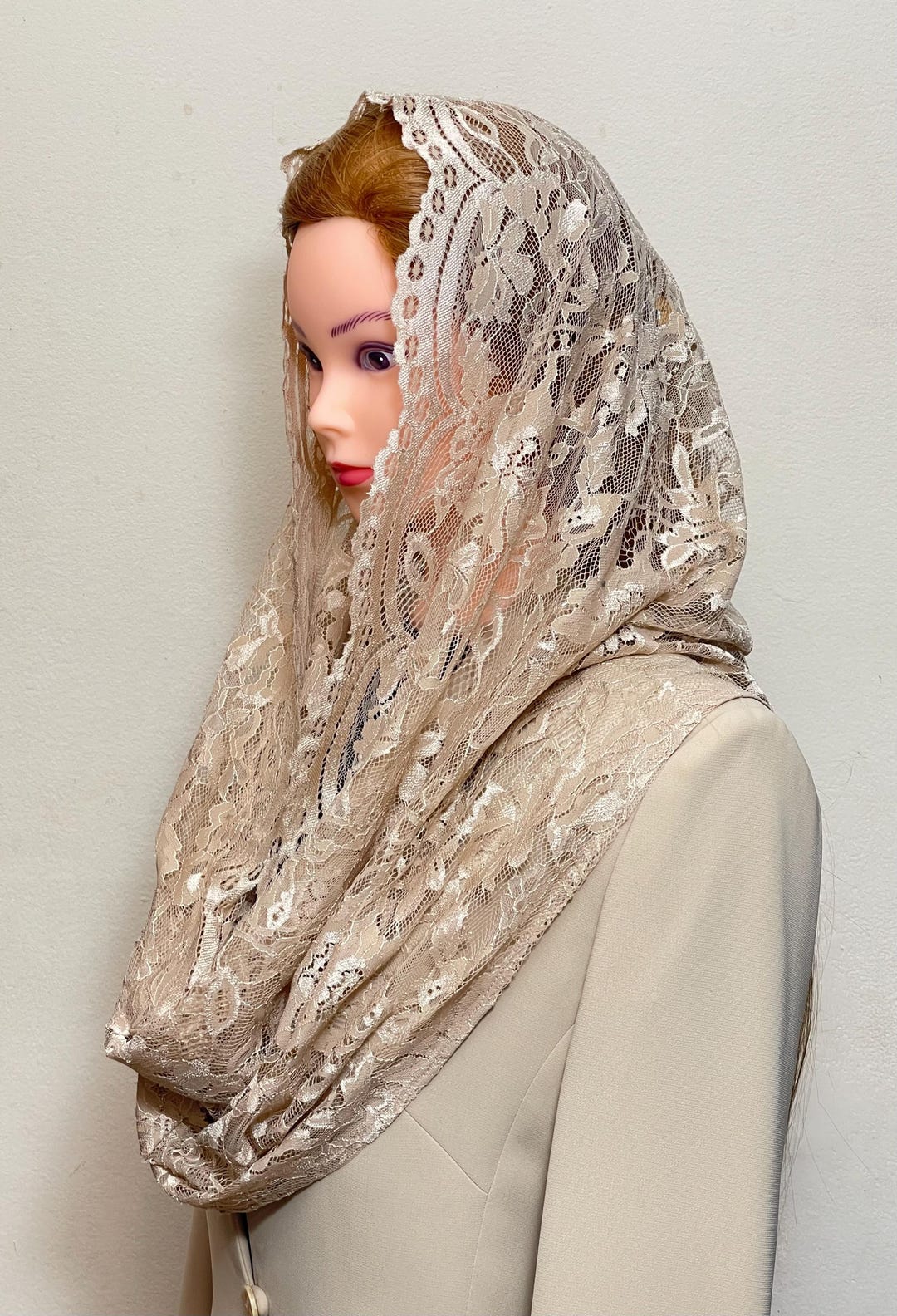 Cocoa French Lace Veil Infinity Chapel Mantilla Veil, Perfect for Mass ...