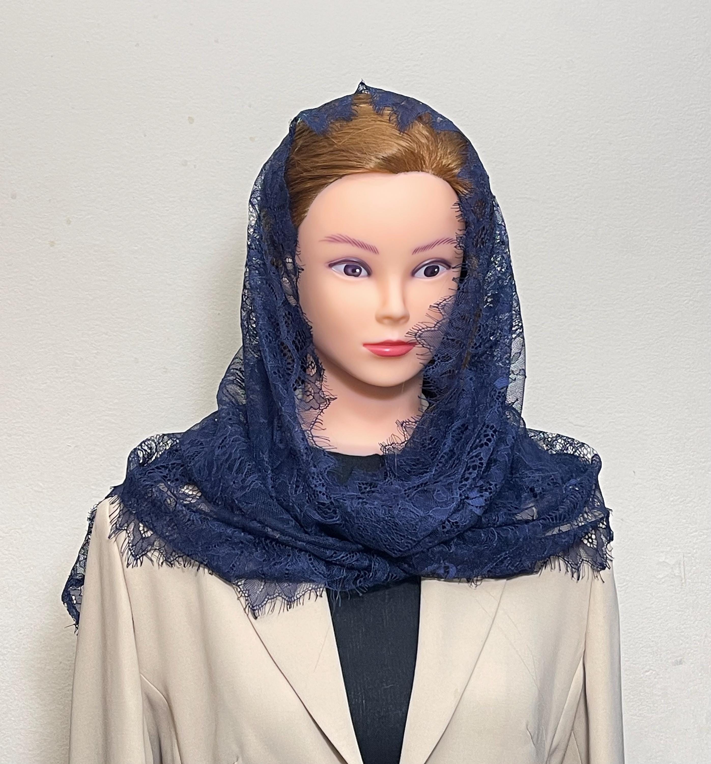 Navy Blue French Lace Chapel Mantilla Veil, Handmade Floral Infinity ...