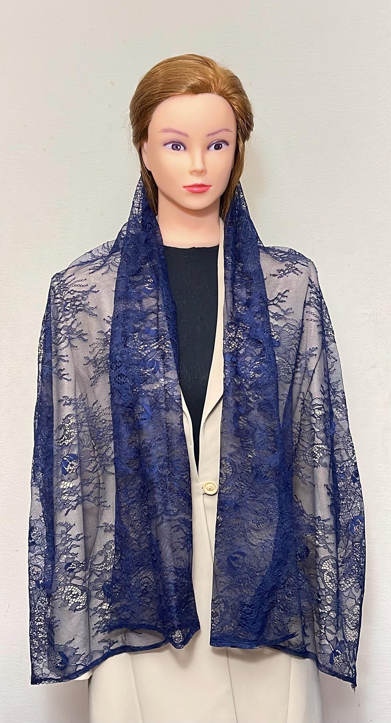 Navy Blue French Lace Chapel Mantilla Veil, Handmade Floral Infinity ...