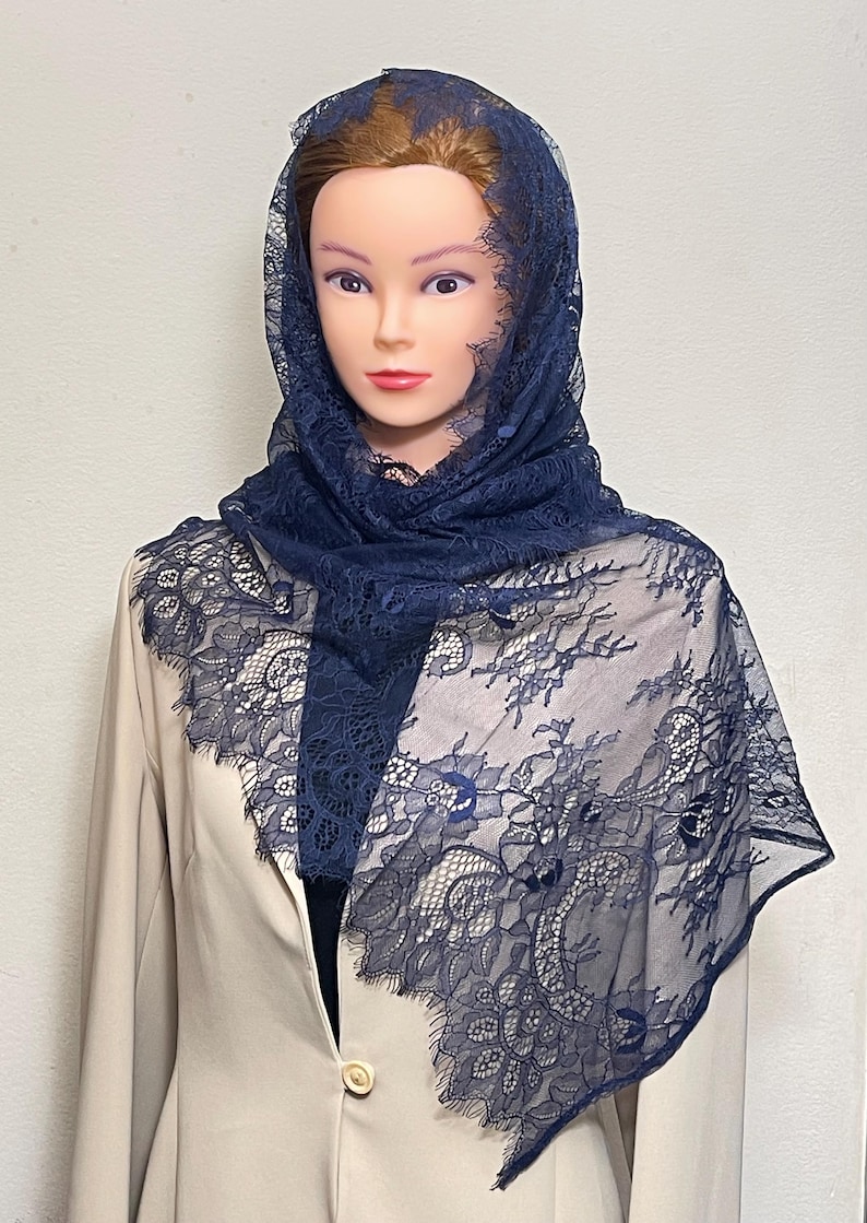 Navy Blue French Lace Chapel Mantilla Veil, Handmade Floral Infinity ...
