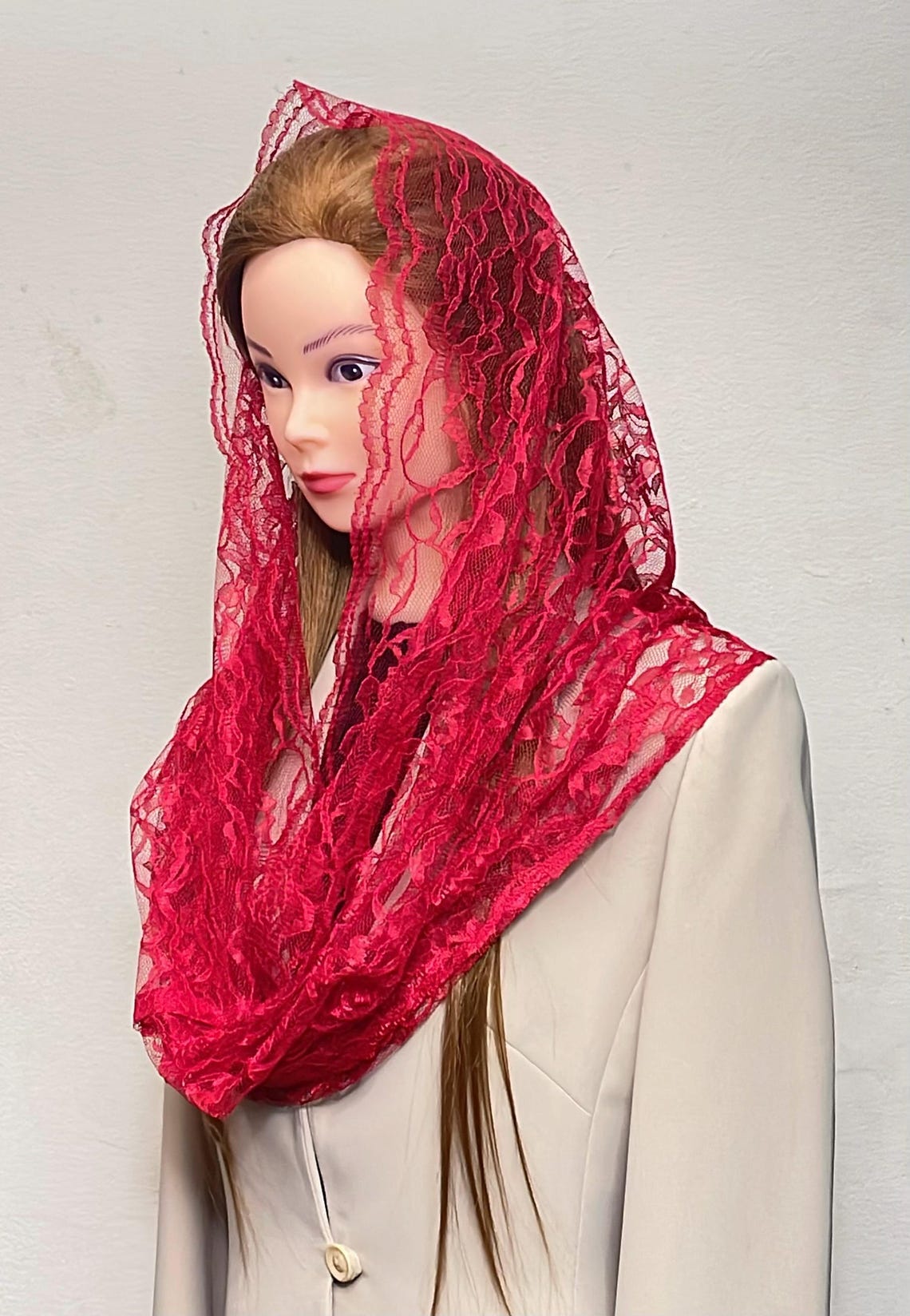 Red Lace Scarf Bridal Lace Accessories Chapel Veil Mantilla Infinity ...