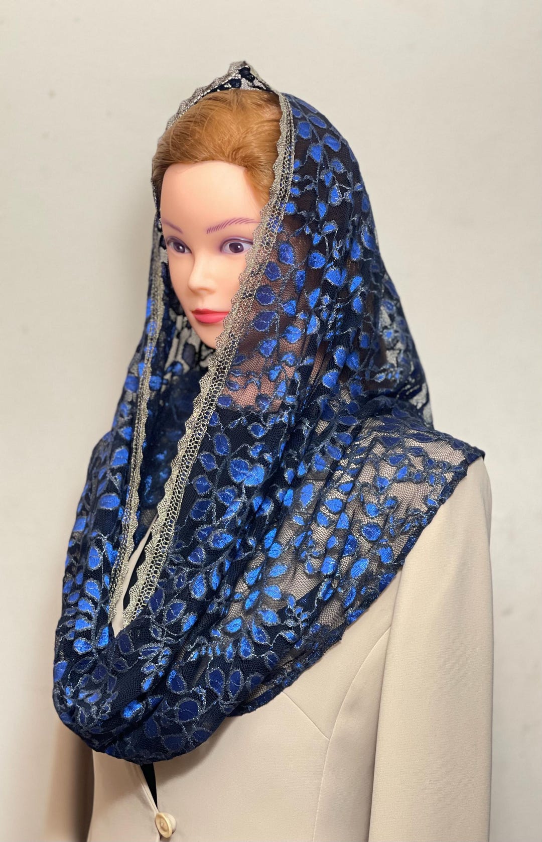 Blue French Chantilly Lace Chapel Veil, Floral Mantilla - Etsy