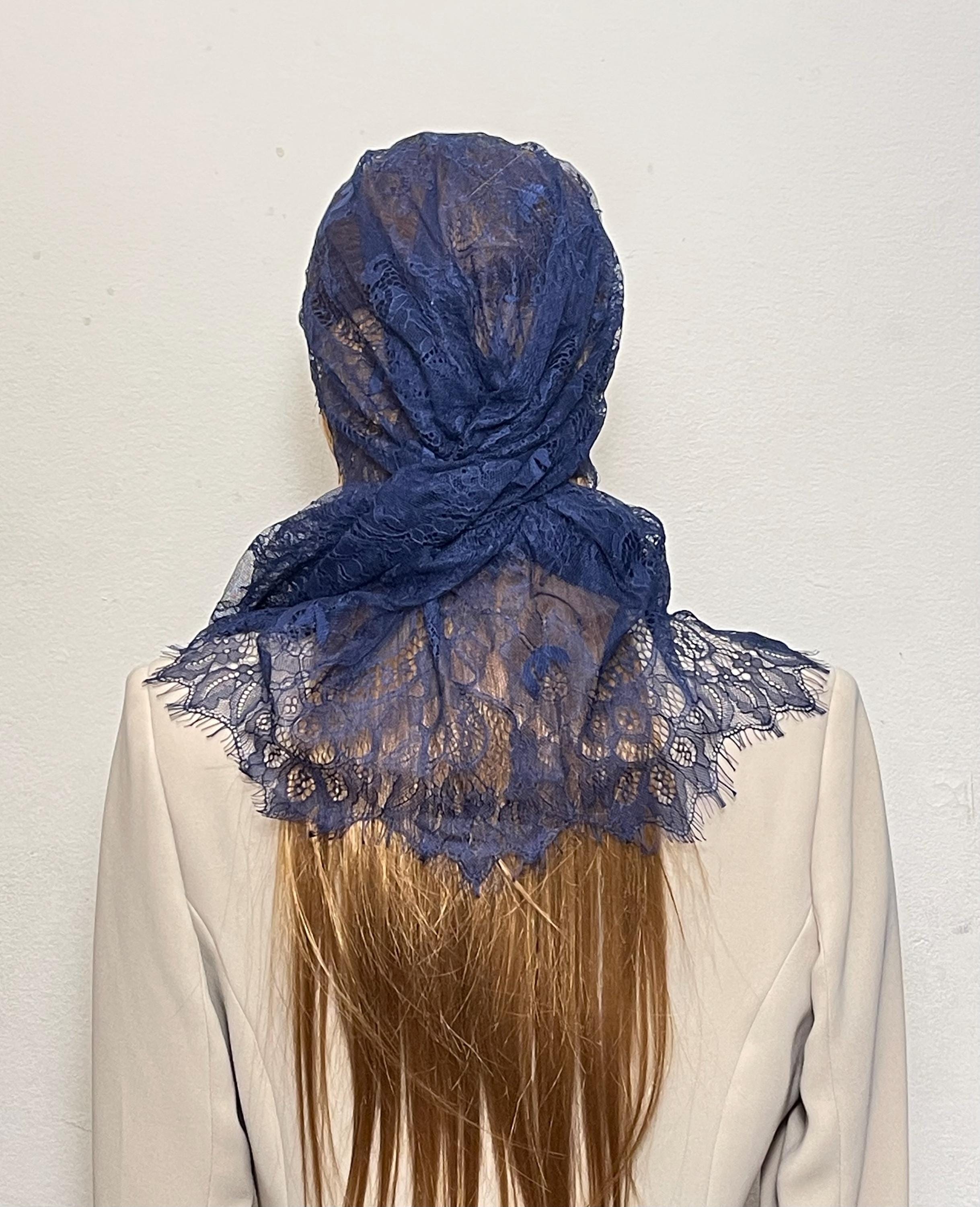 Navy Blue French Lace Chapel Mantilla Veil, Handmade Floral Infinity ...