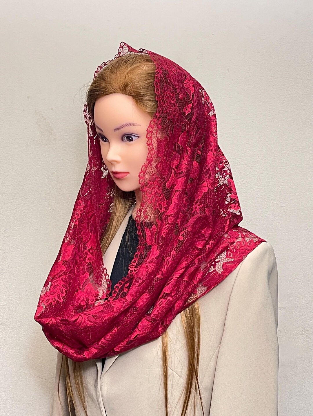 Burgundy Floral Lace Chapel Mantilla, Infinity Veil With Clip - Etsy