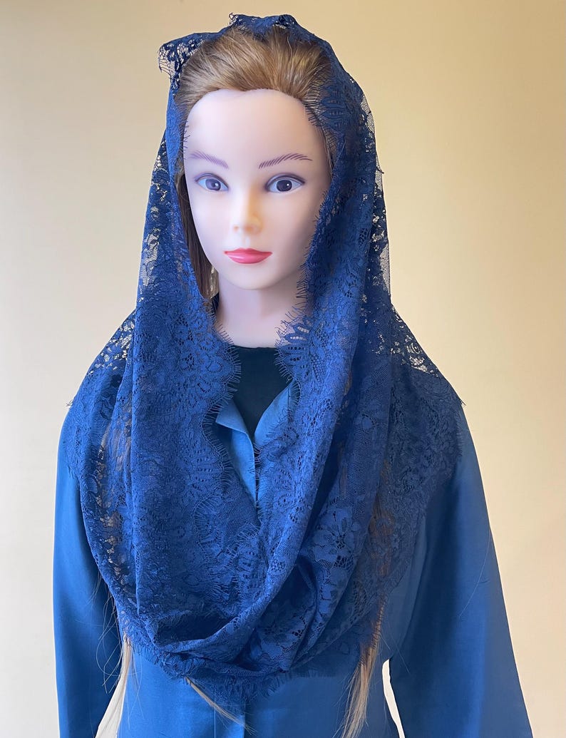 Blue French Lace Veil Infinity Chapel Mantilla Veil, Perfect for Mass ...