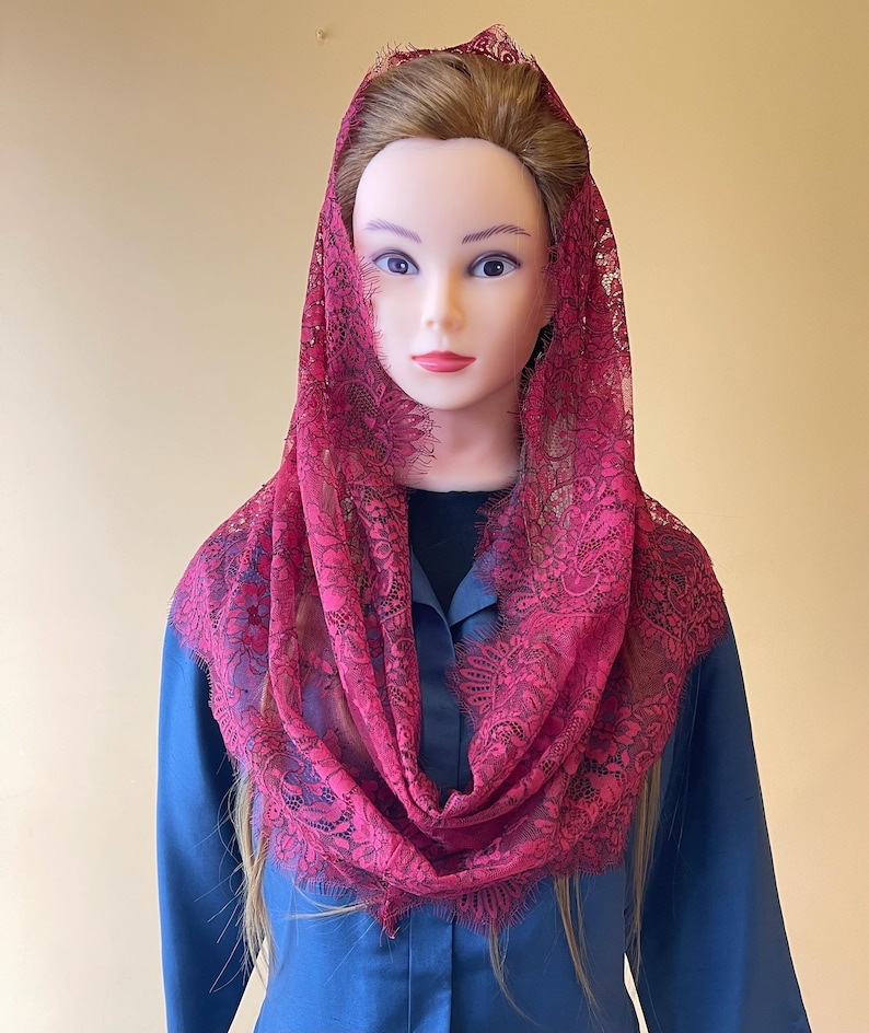 Red French Chantilly Lace Chapel Veil, Floral Mantilla With Clip - Etsy