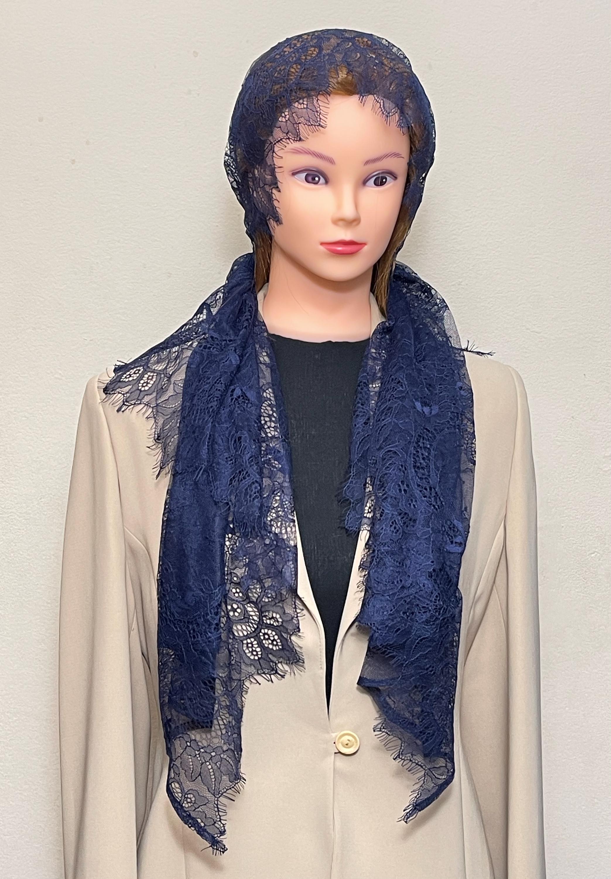 Navy Blue French Lace Chapel Mantilla Veil, Handmade Floral Infinity ...
