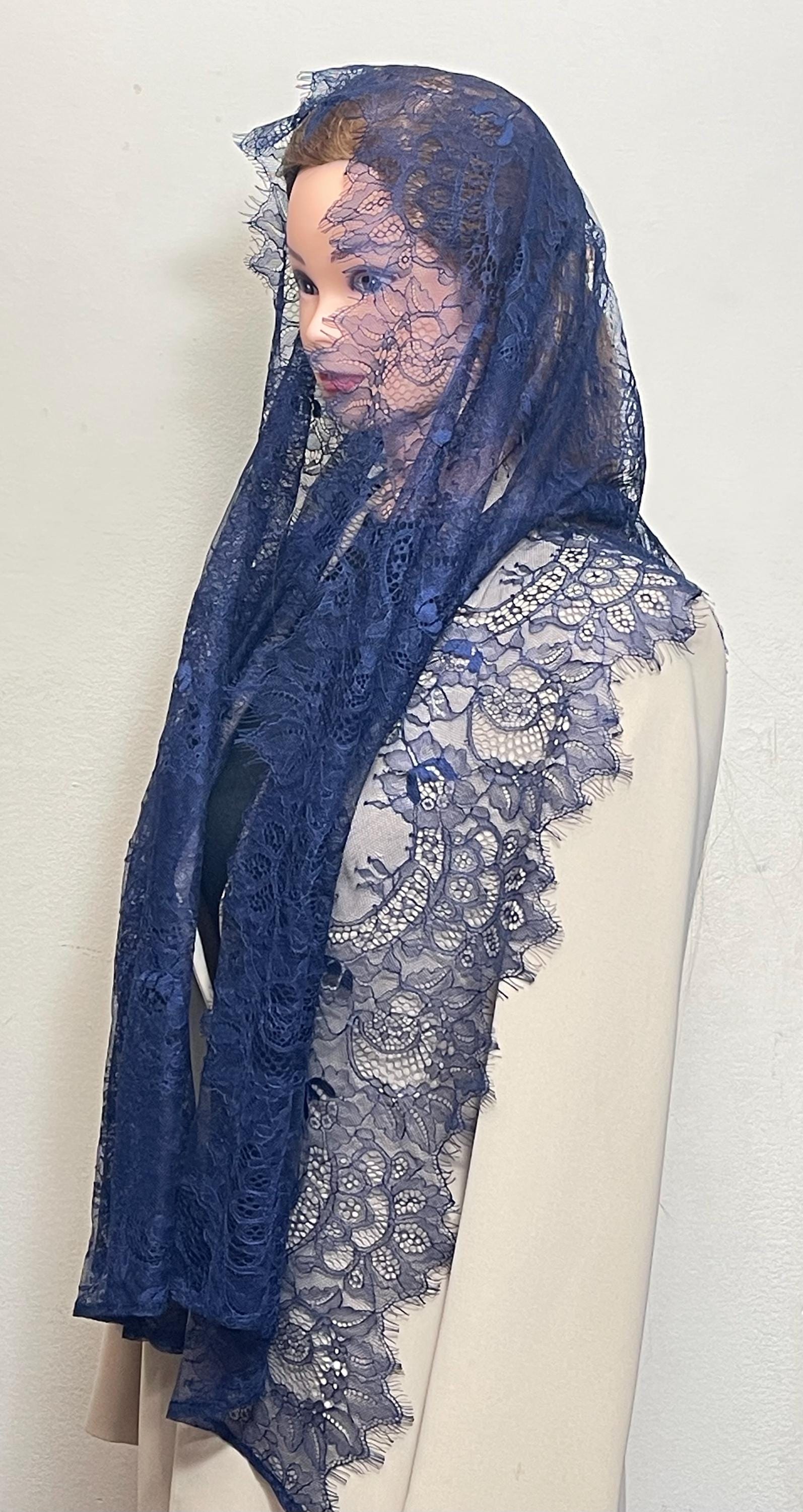 Navy Blue French Lace Chapel Mantilla Veil, Handmade Floral Infinity ...
