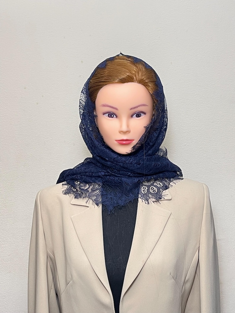 Navy Blue French Lace Chapel Mantilla Veil, Handmade Floral Infinity ...