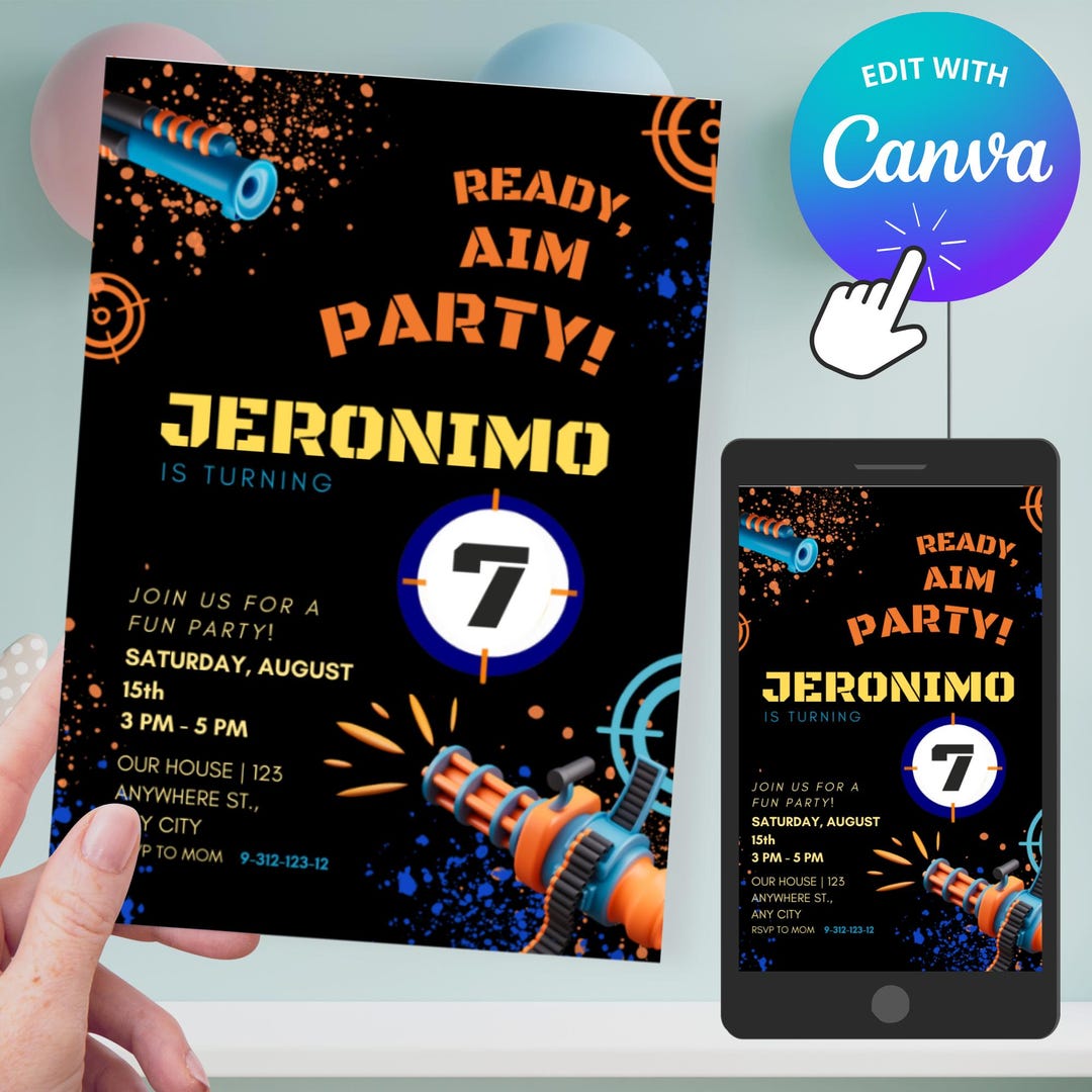 EDITABLE Nerf Birthday Invitation, Dart Gun Birthday Card, Nerf Blaster ...