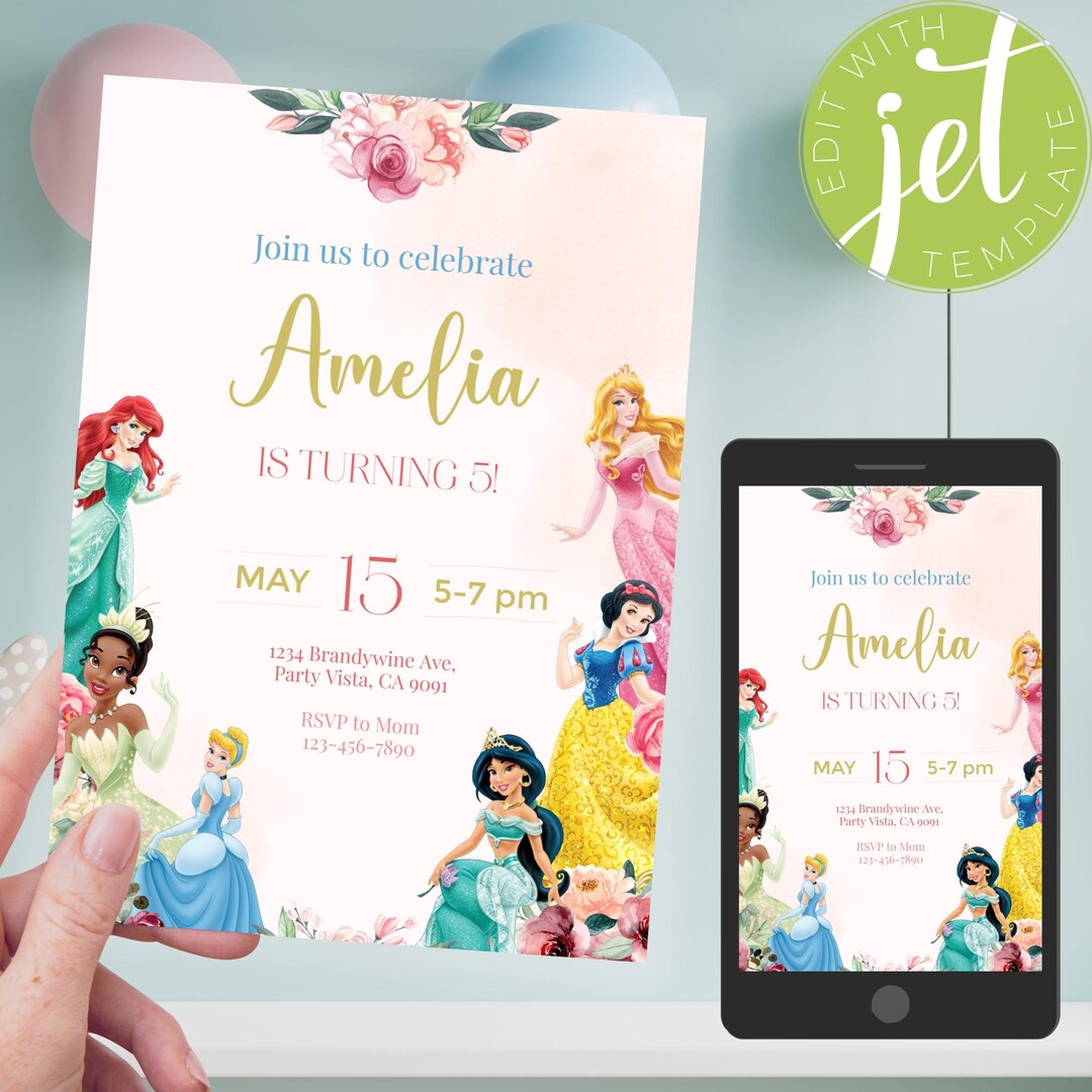 Editable Princess Birthday Invitation, Dinsey Princess, Birthday Card ...