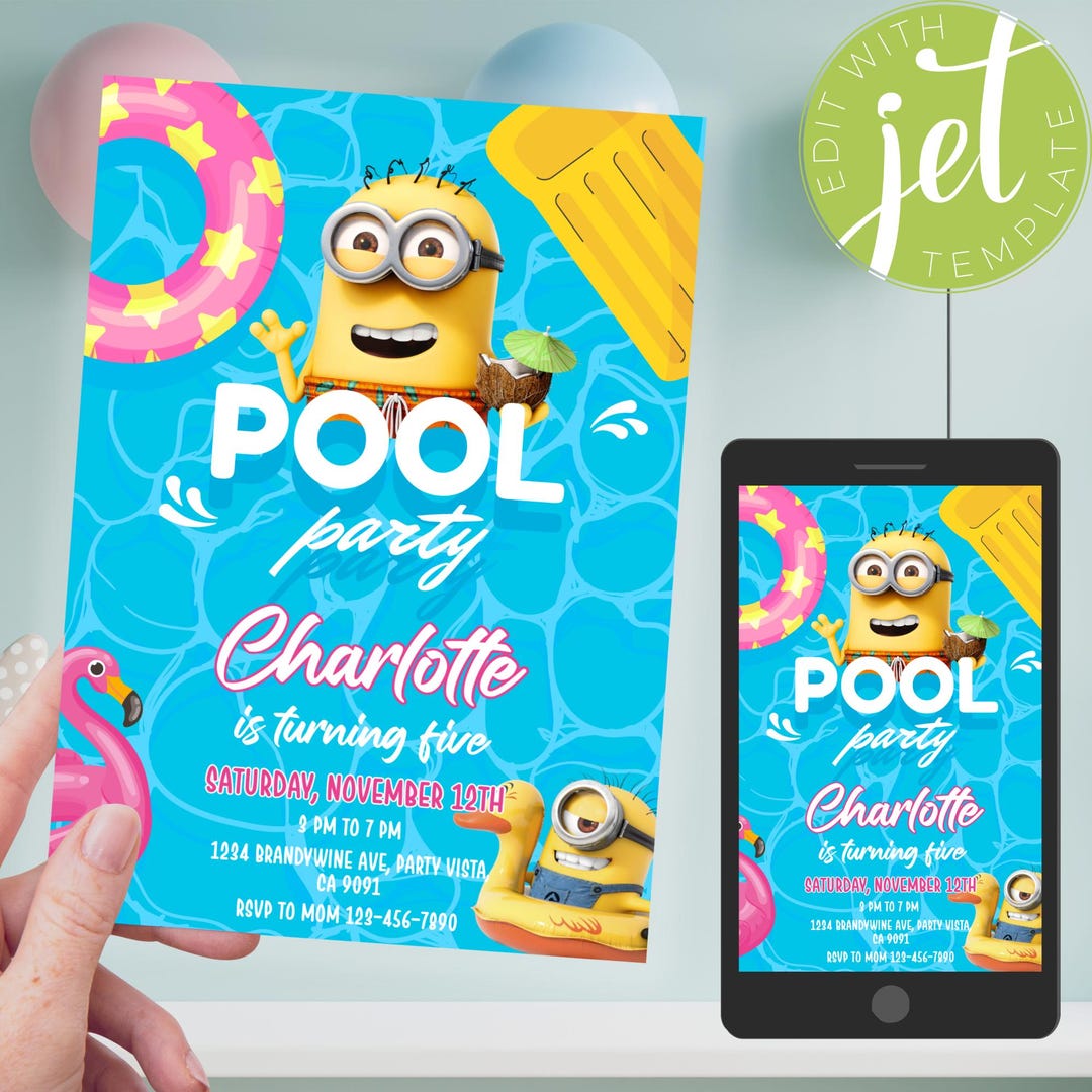 EDITABLE Minion Birthday Invitation, Pool Party Invitation, Digital ...
