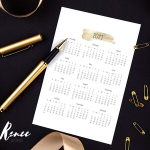 2021 Simple Gold Printable Year at a Glance & Important Dates Digital ...