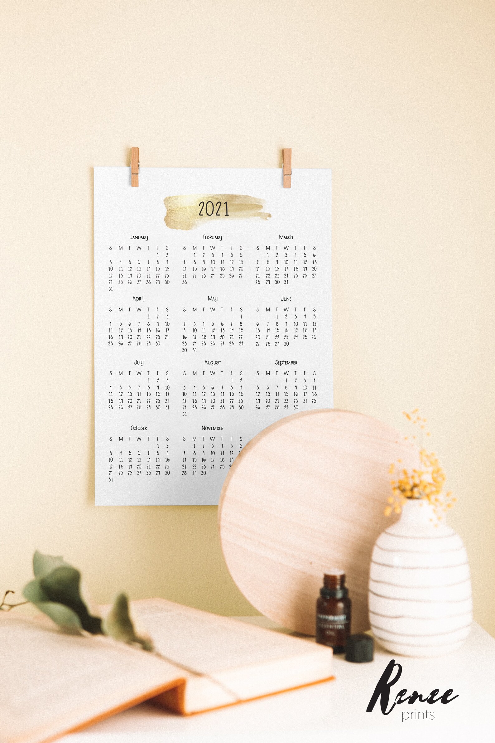 2021 Simple Gold Printable Year at a Glance & Important Dates Digital ...