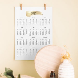 2021 Simple Gold Printable Year at a Glance & Important Dates Digital ...