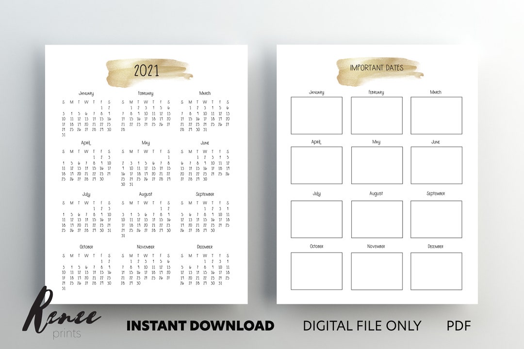 2021 Simple Gold Printable Year at a Glance & Important Dates Digital ...