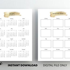 2021 Simple Gold Printable Year at a Glance & Important Dates Digital ...