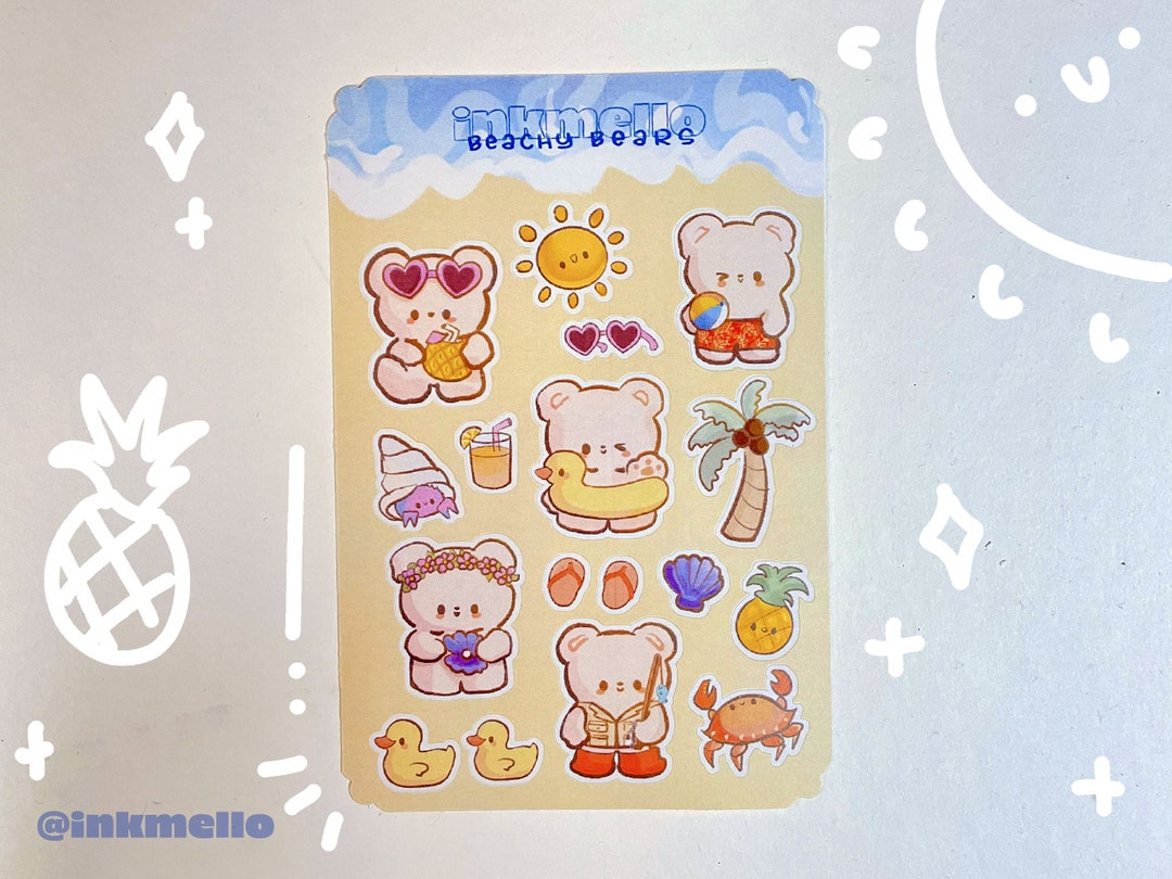 Beachy Bear Sticker Sheet Cute Bear Stickers Summer - Etsy