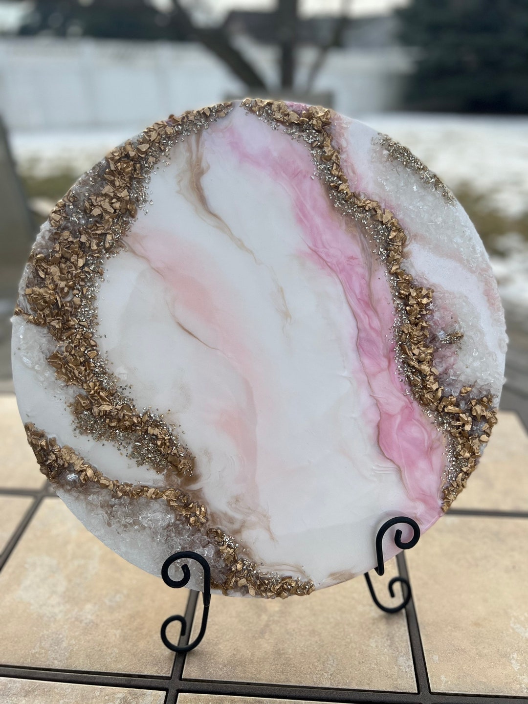 Pink and Gold Geode Inspired Resin Art, Resin Painting Geode Wall Art ...