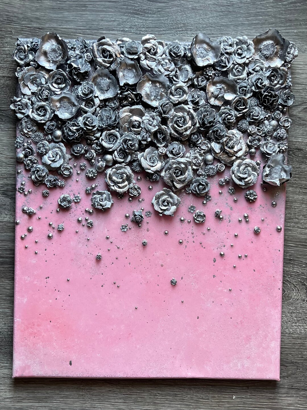 Pink and Silver Mixed Media Painting, Silver Flowers, Resin Artwork ...