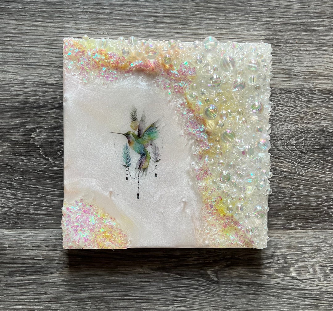 8 Iridescent Yellow Abstract Hummingbird Artwork, Resin Painting, Epoxy ...