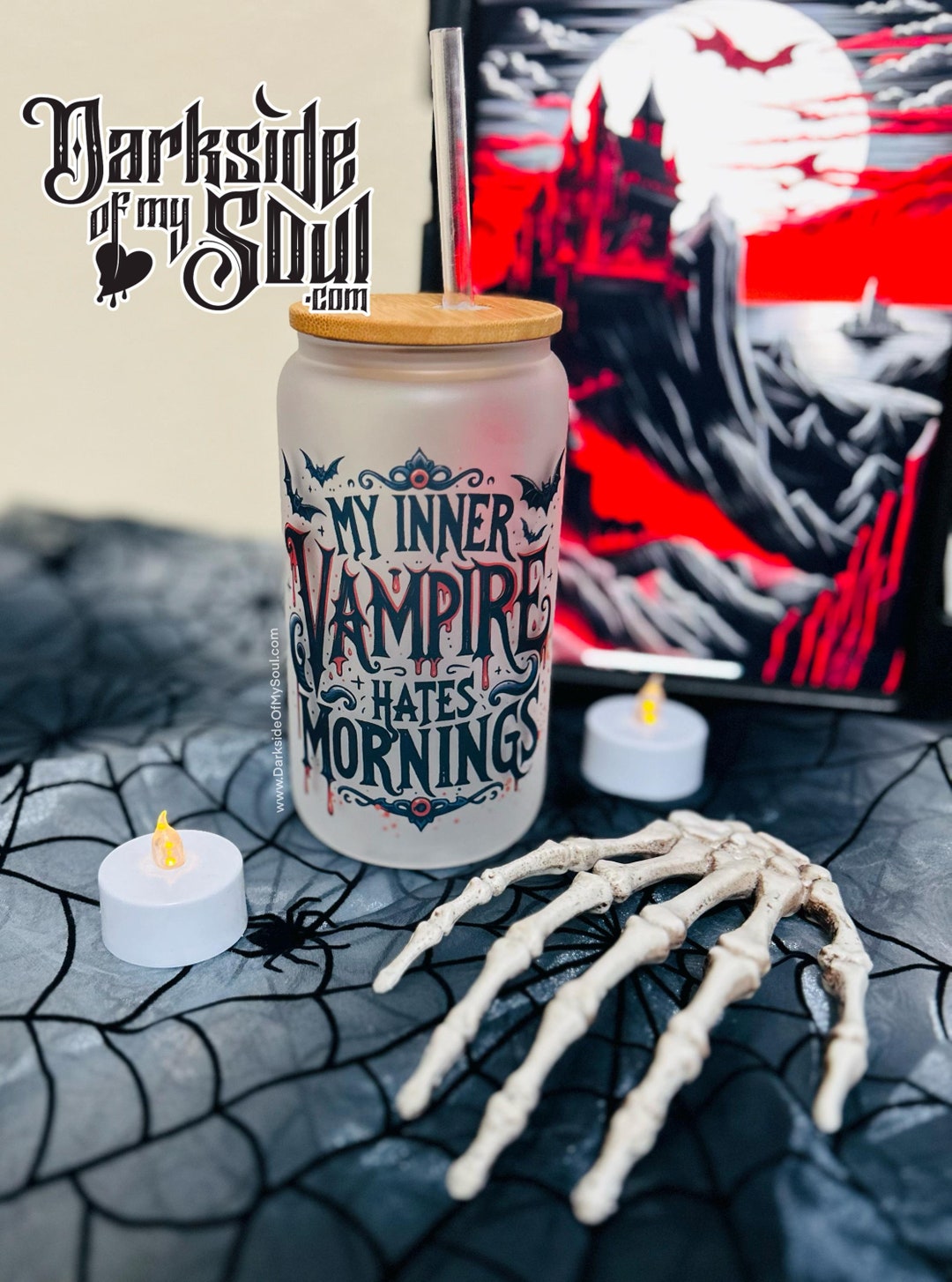 My Inner Vampire Hates Mornings, Frosted 16oz. Glass Cup, Coffee ...