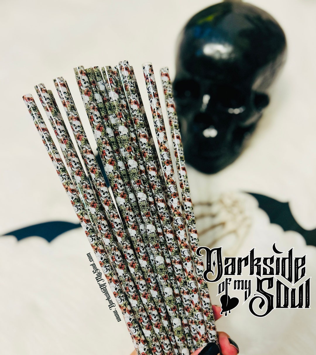 10" Floral Skulls Straws, Spooky Straws, Halloween Straws, Witchy ...