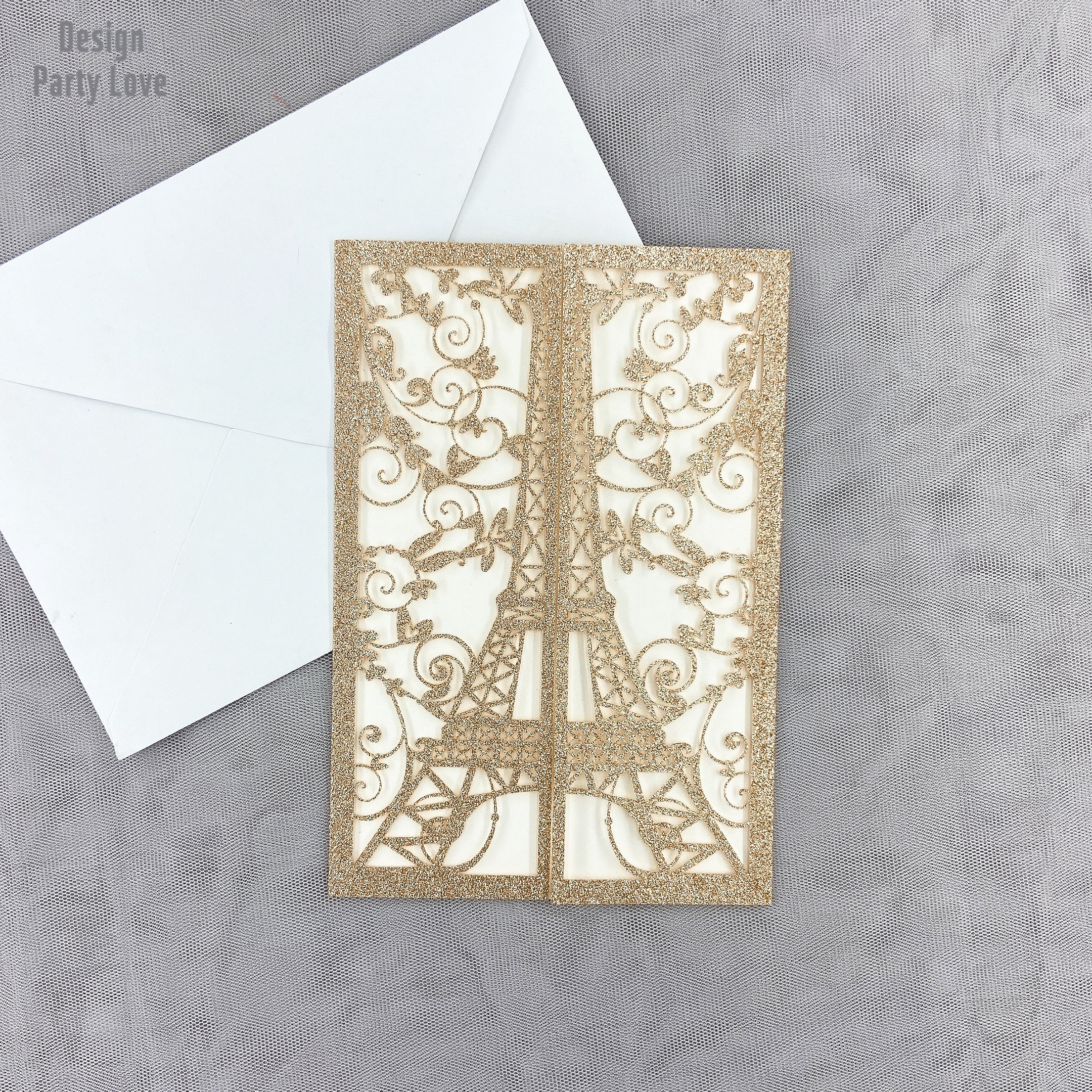 Glitter Rose Gold Paris Laser Cut Invitations, Shimmery Paris ...