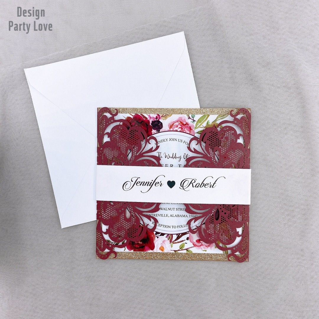 European Style Lace Wedding Invitations Cards Burgundy Laser Greeting ...