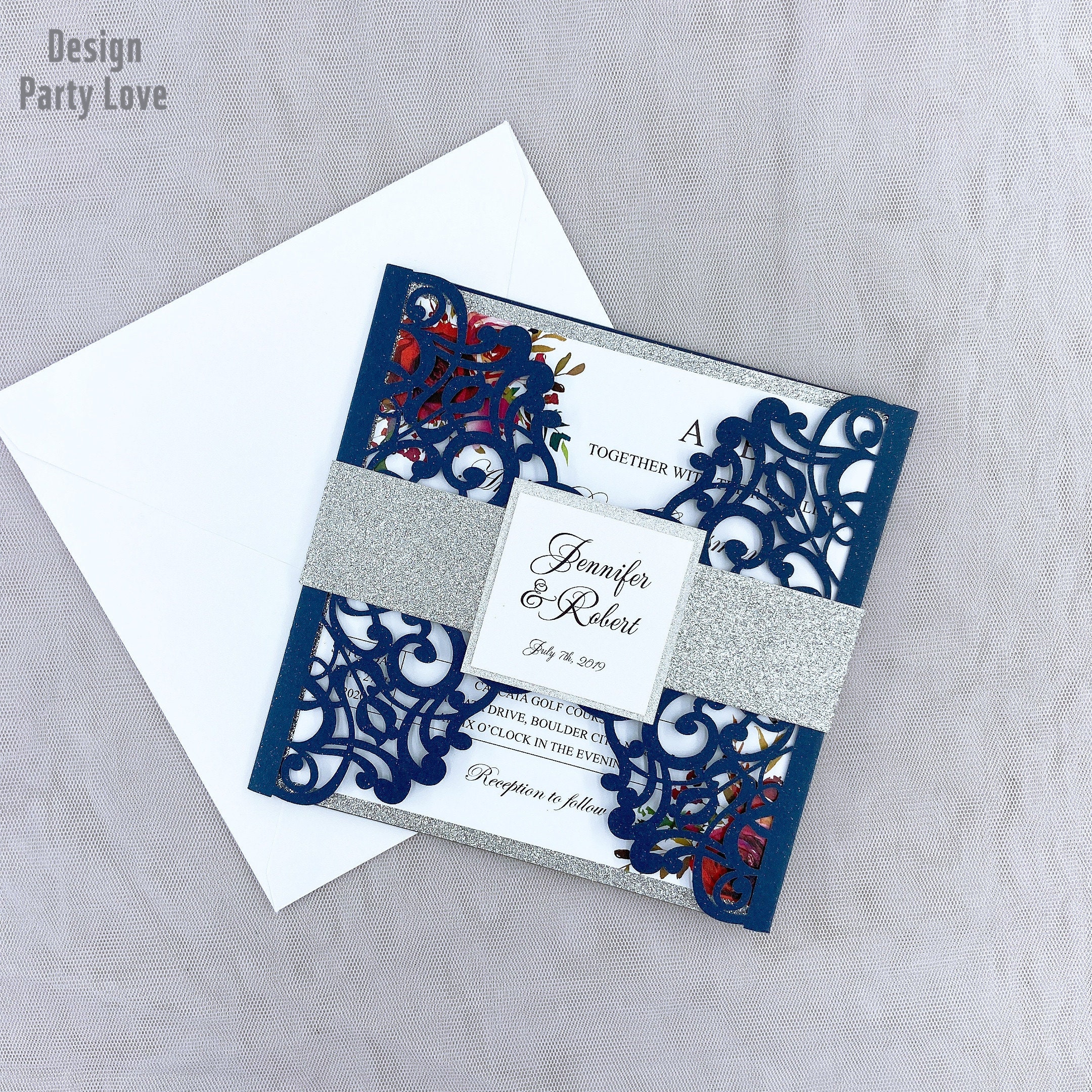 Classic Navy Blue Laser Cut Wedding Invitation Romantic Laser | Etsy